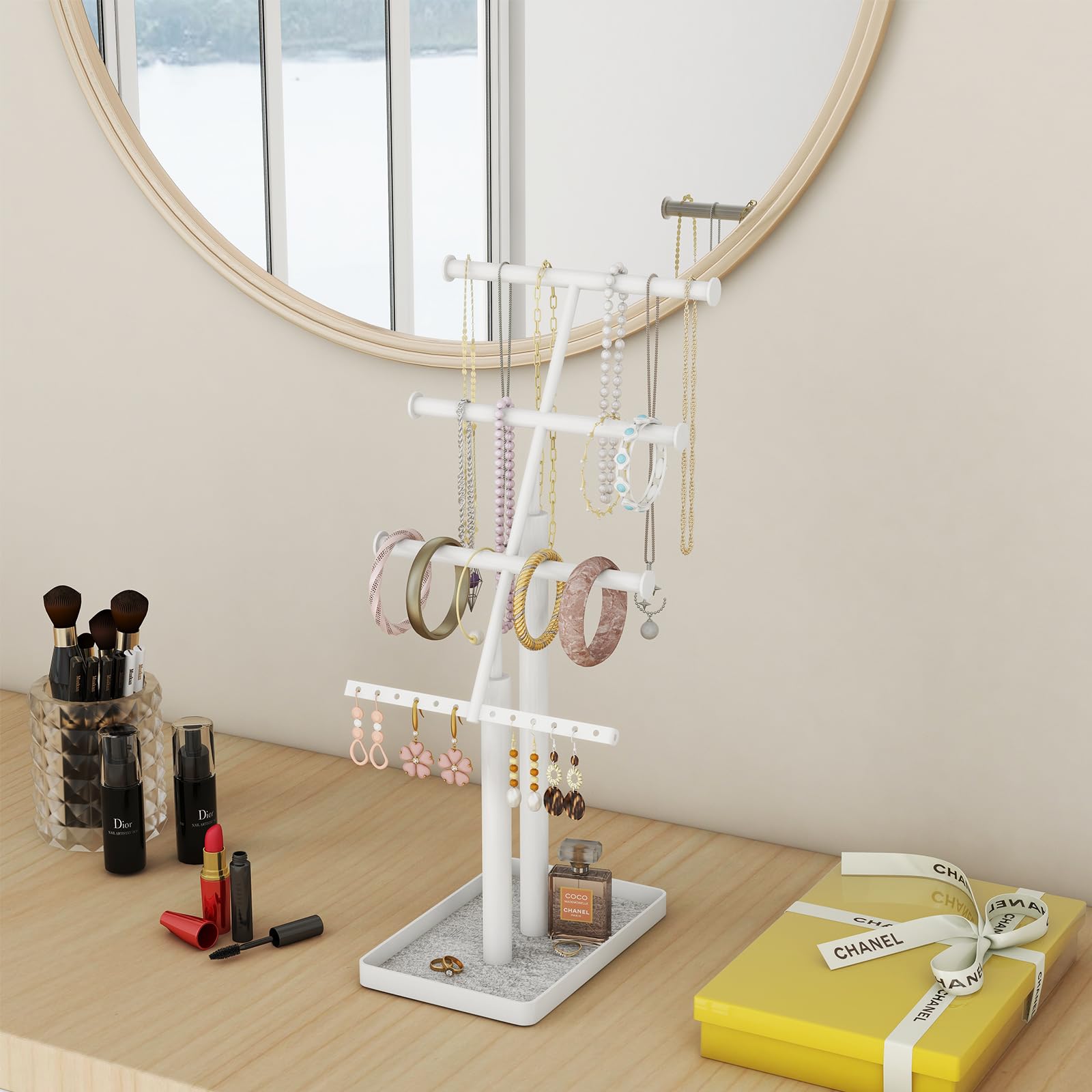 KLJKPA Jewelry Holder Organizer Stand, 4-Tier Metal Necklace Stand with ...