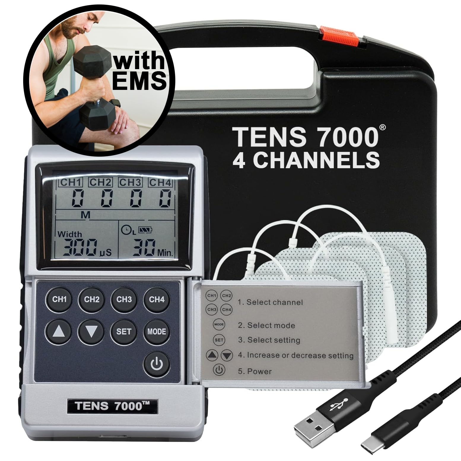 TENS 7000 Rechargeable Tens Unit Muscle Stimulator, Back Pain Relief, 4 ...