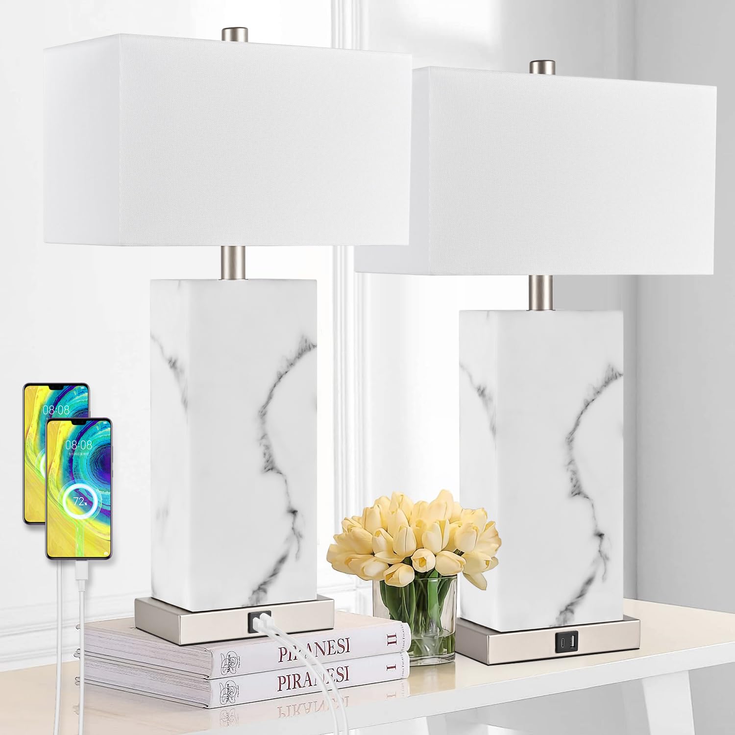 MoMyofdy 24" Silver Touch Table Lamp Set of 2 with USB Ports, 3-Way ...