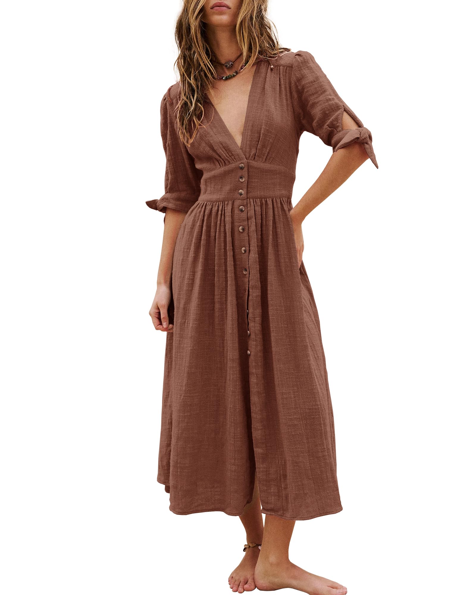 Locachy Women's Lightweight Cotton Casual Summer Dresses V Neck Button ...