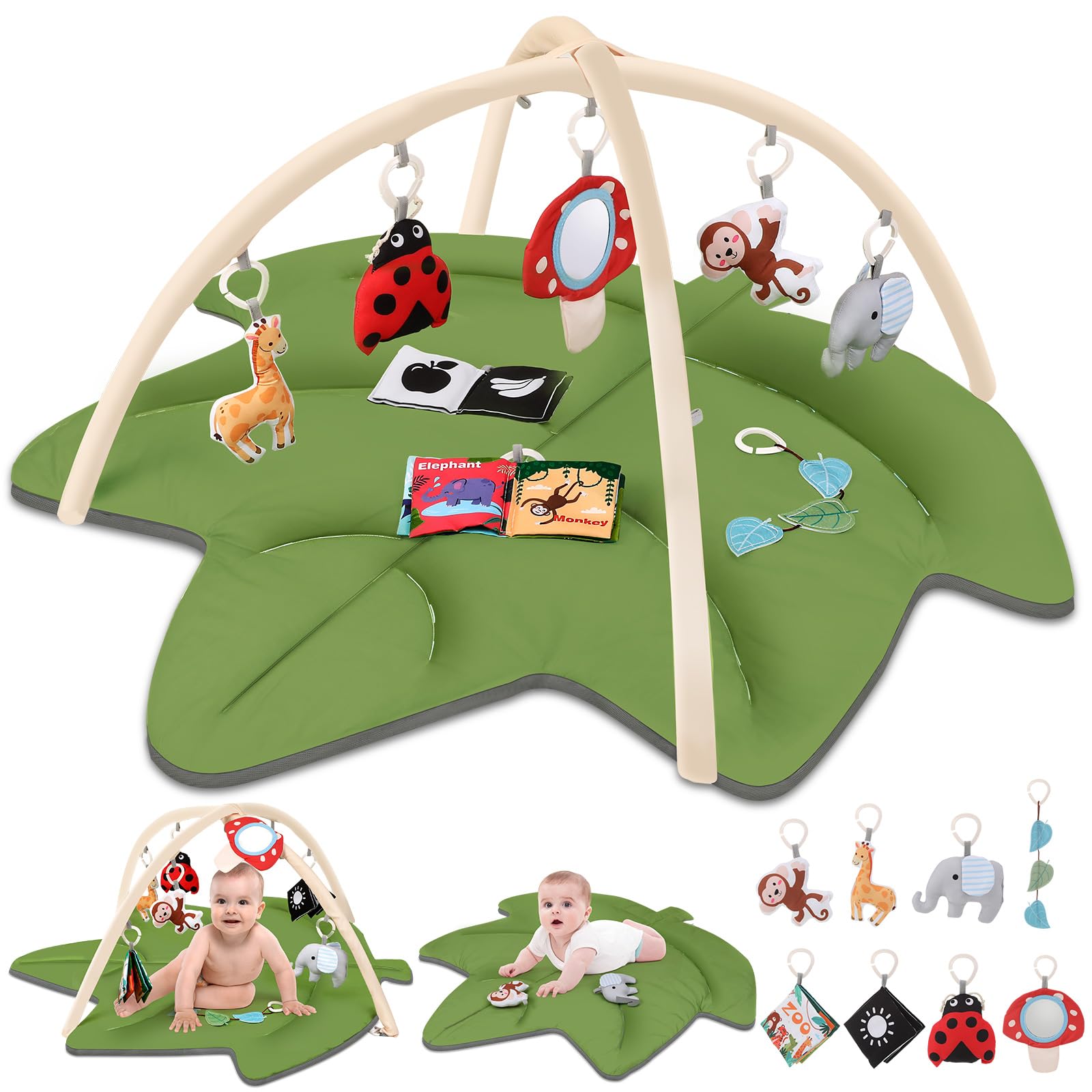 Baby Play Gym & Activity Mat, Leaf Shaped Tummy Time Mat with 8 ...