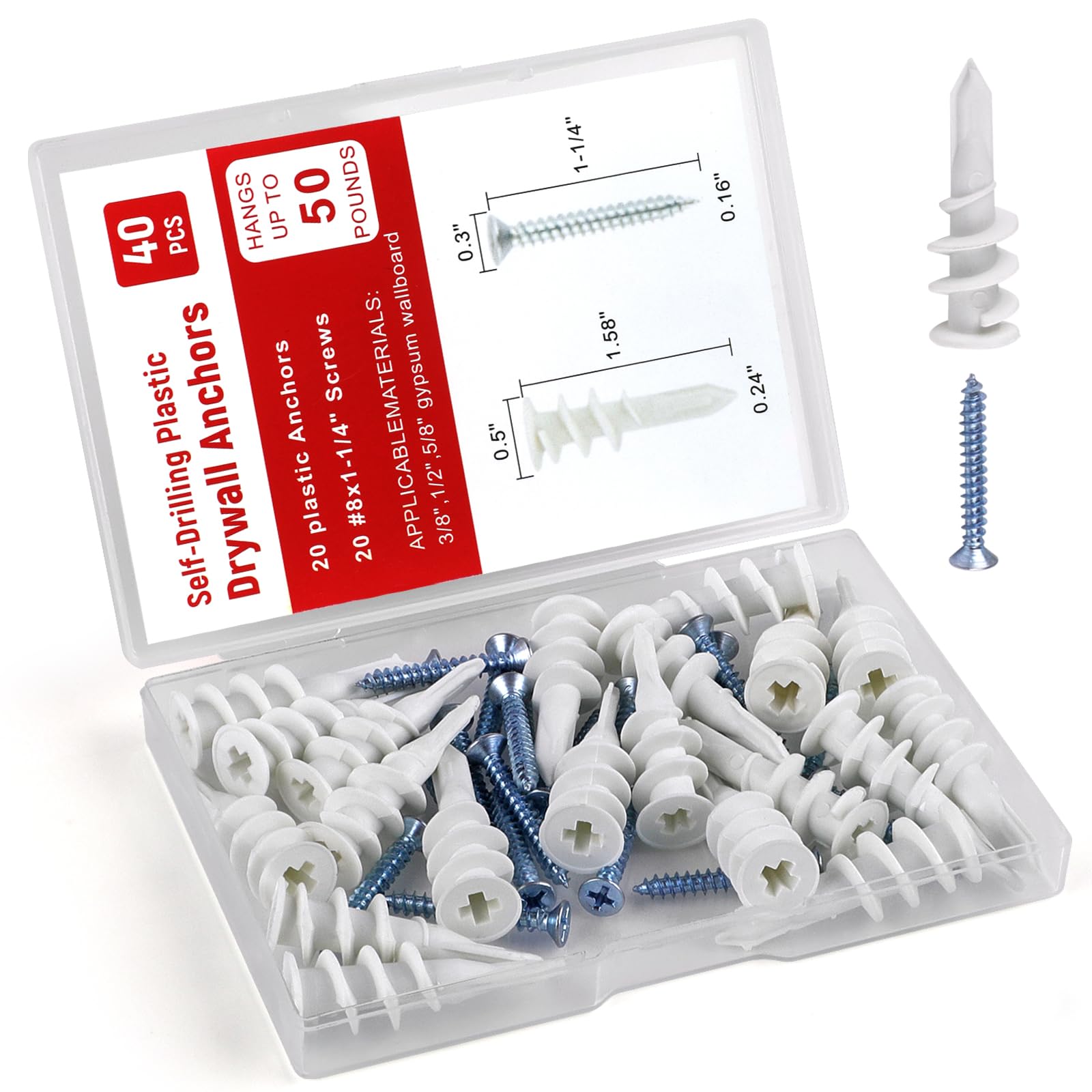 Mua #8 Drywall Anchors, 40Pcs Wall Anchors and Screws for Drywall ...