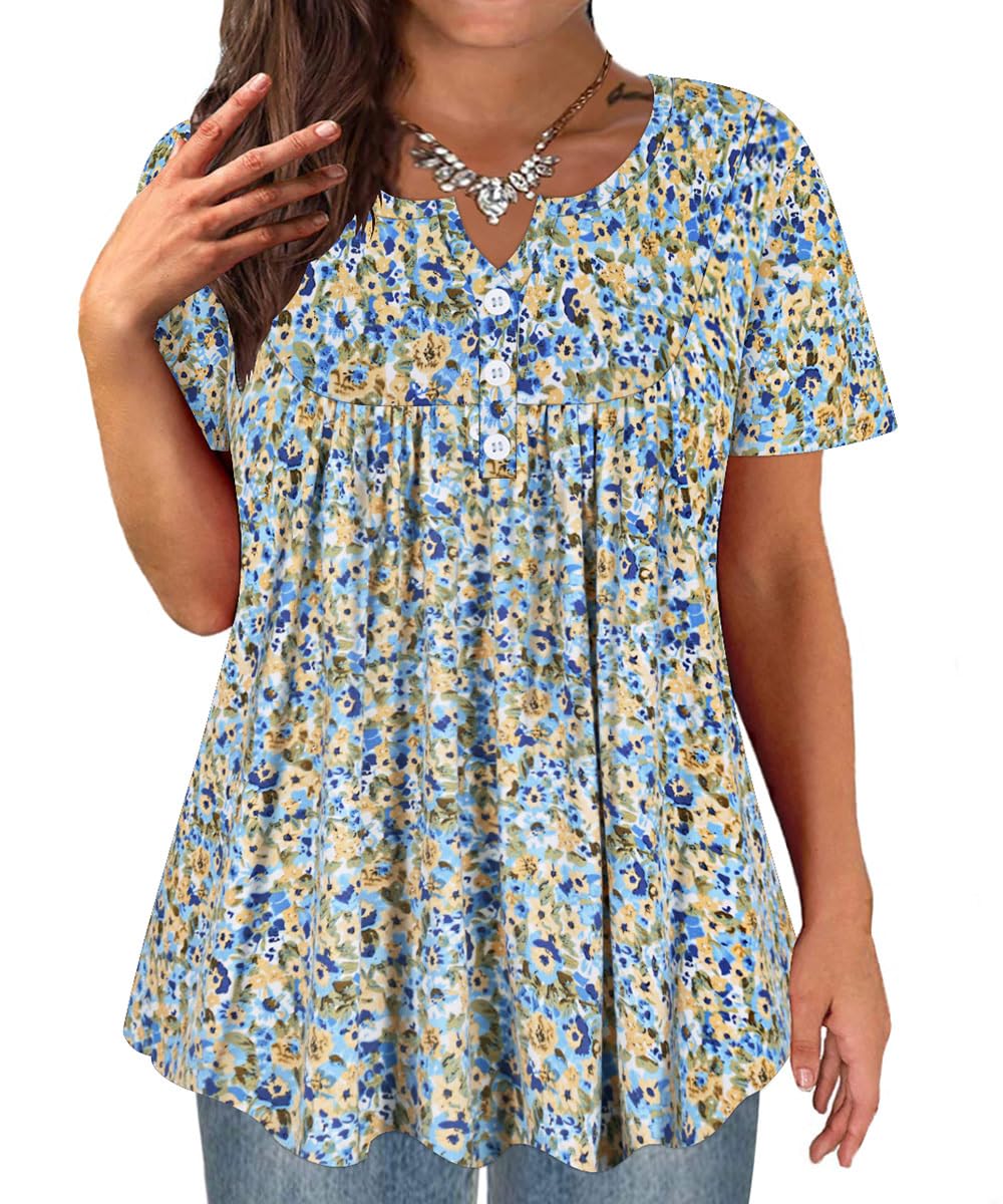 TIYOMI Plus Size Blue Flower Tops for Women Short Sleeve Blouses Floral ...