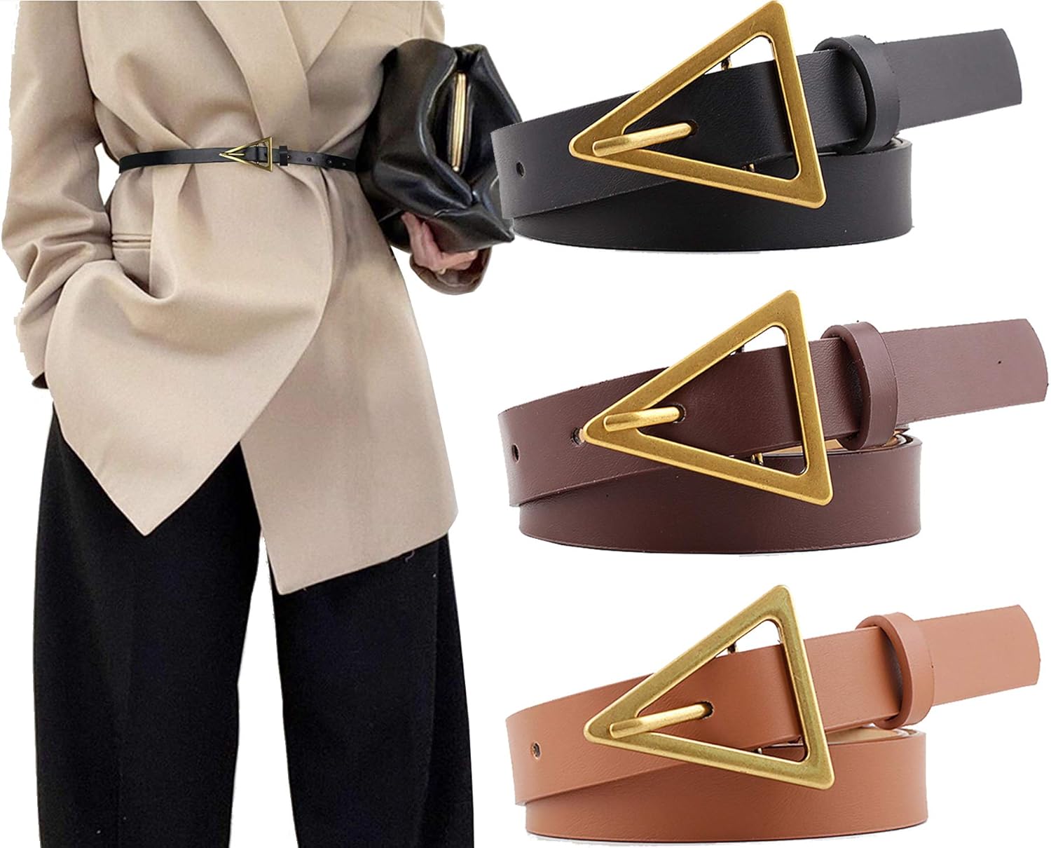 [3 Packs]Women's Fashion Trendy PU Leather Belt Ladies Triangle Buckle ...