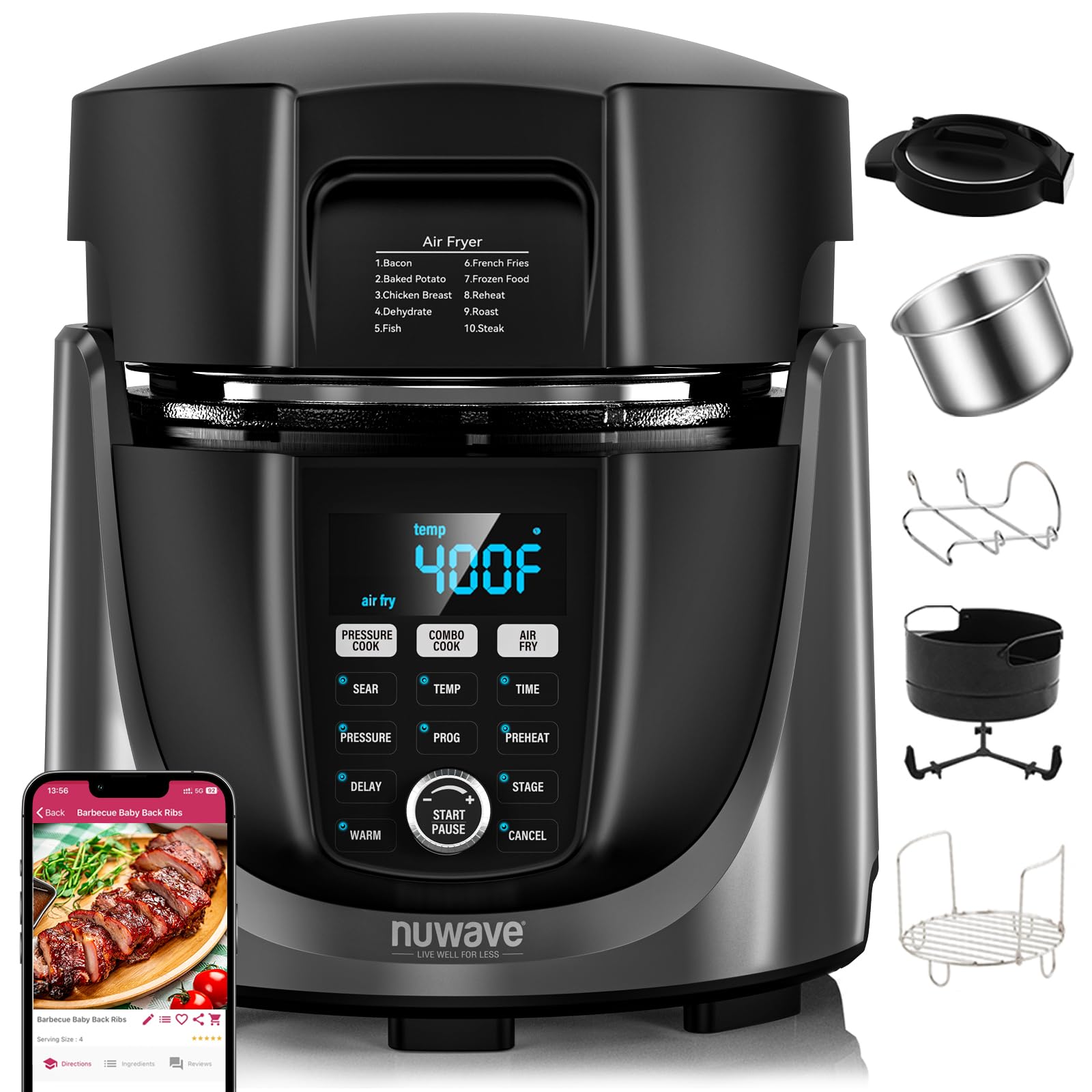 Nuwave Duet Air Fryer and Electric Pressure Cooker Combo with 2 Switchable Lids, 300 FoolProof ...