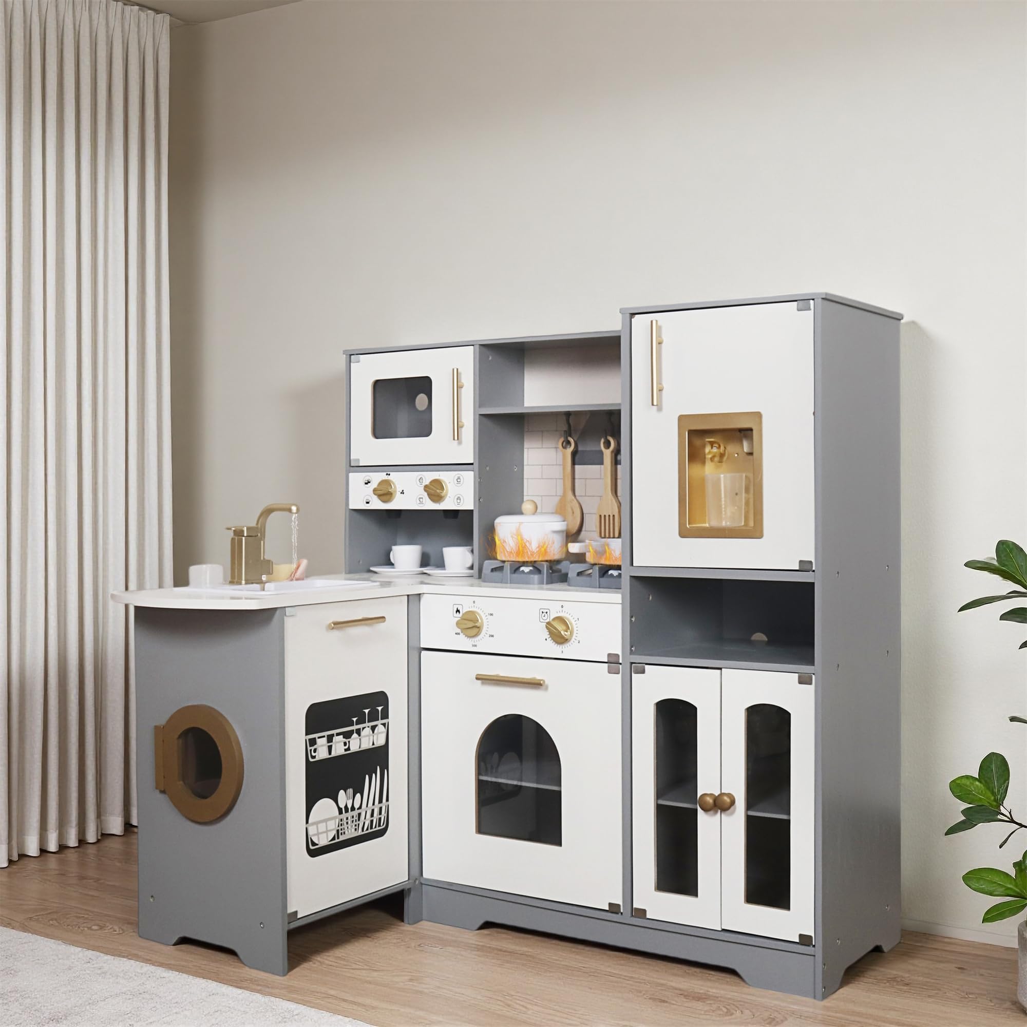 Large Wooden Corner Toy Kitchen Playsets with Real Running Water, 2 in ...