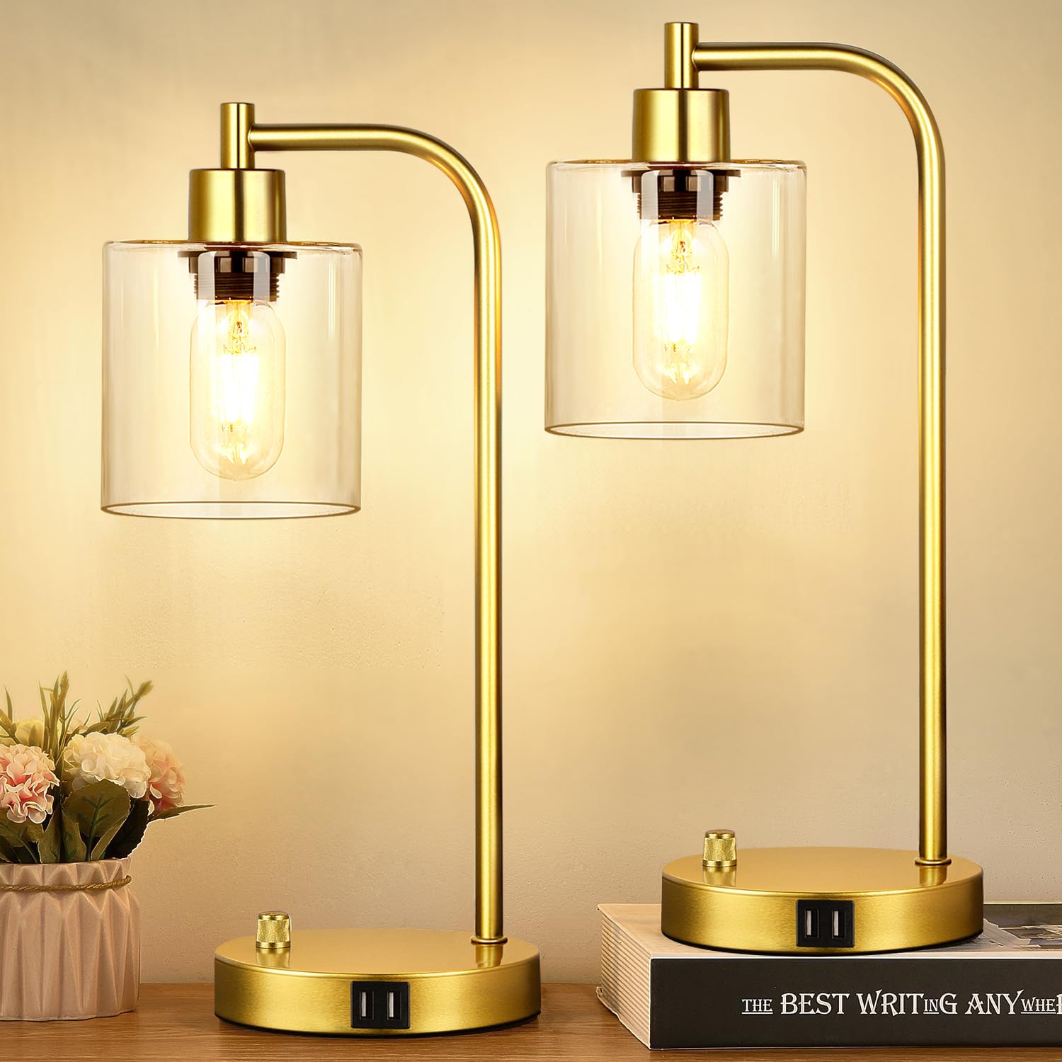 Set of 2 Industrial Table Lamps with 2 USB Port, Gold Fully Stepless ...