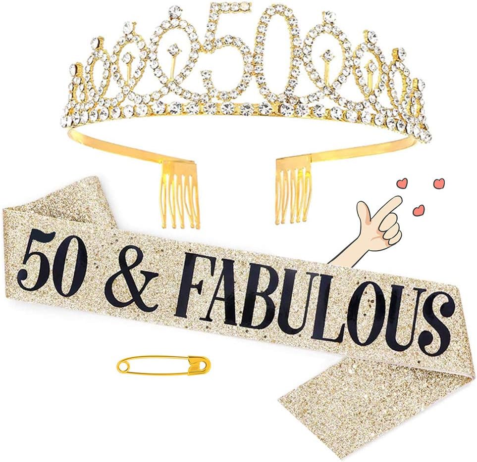 Birthday Sash and Crown Tiara Set, 50th Birthday Tiara Rhinestone Crown ...