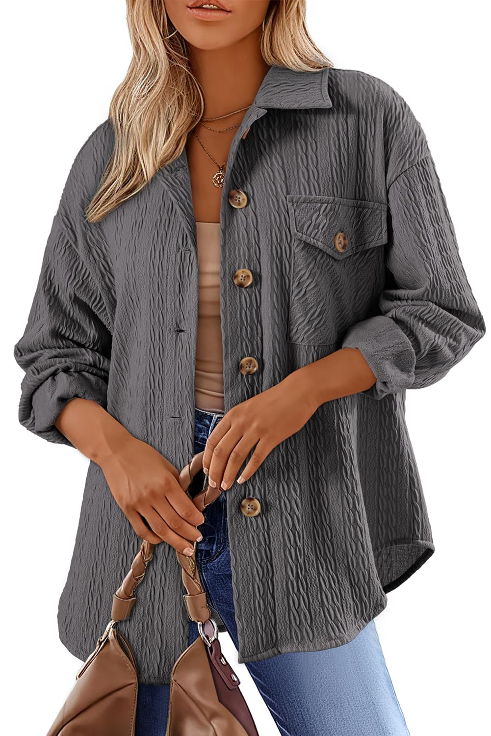 Dokotoo Womens Shacket Jacket Cable Knit Textured Button Down Shirts ...