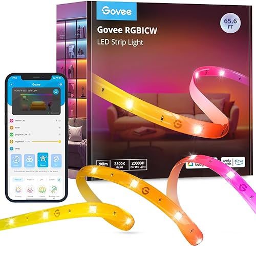 Govee RGBIC LED Strip Lights for Room with Warm White 65.6ft, Smart LED ...