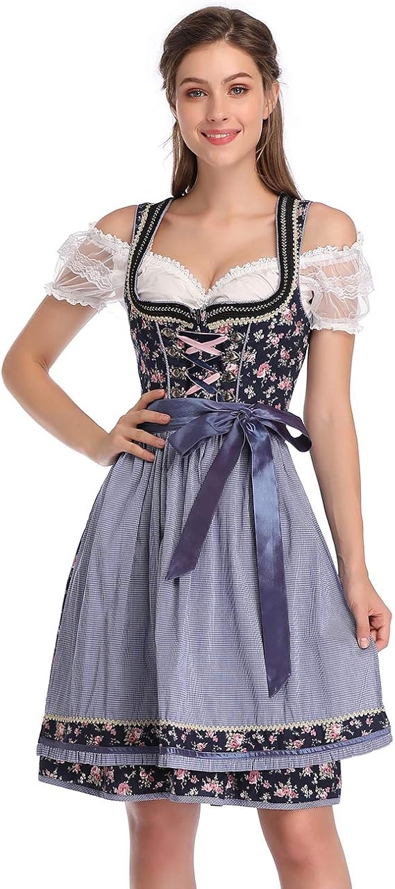 KOJOOIN Trachtenkleid Dirndl Kurz Damen Midi für Oktoberfest 3tlg.- DREI Teilig: Kleid, Bluse ...