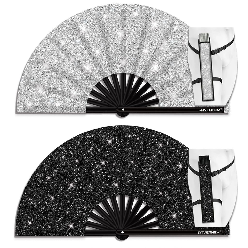 Raveahem 2 Pack Glitter Large Rave Folding Clack Hand Fan with Holster ...