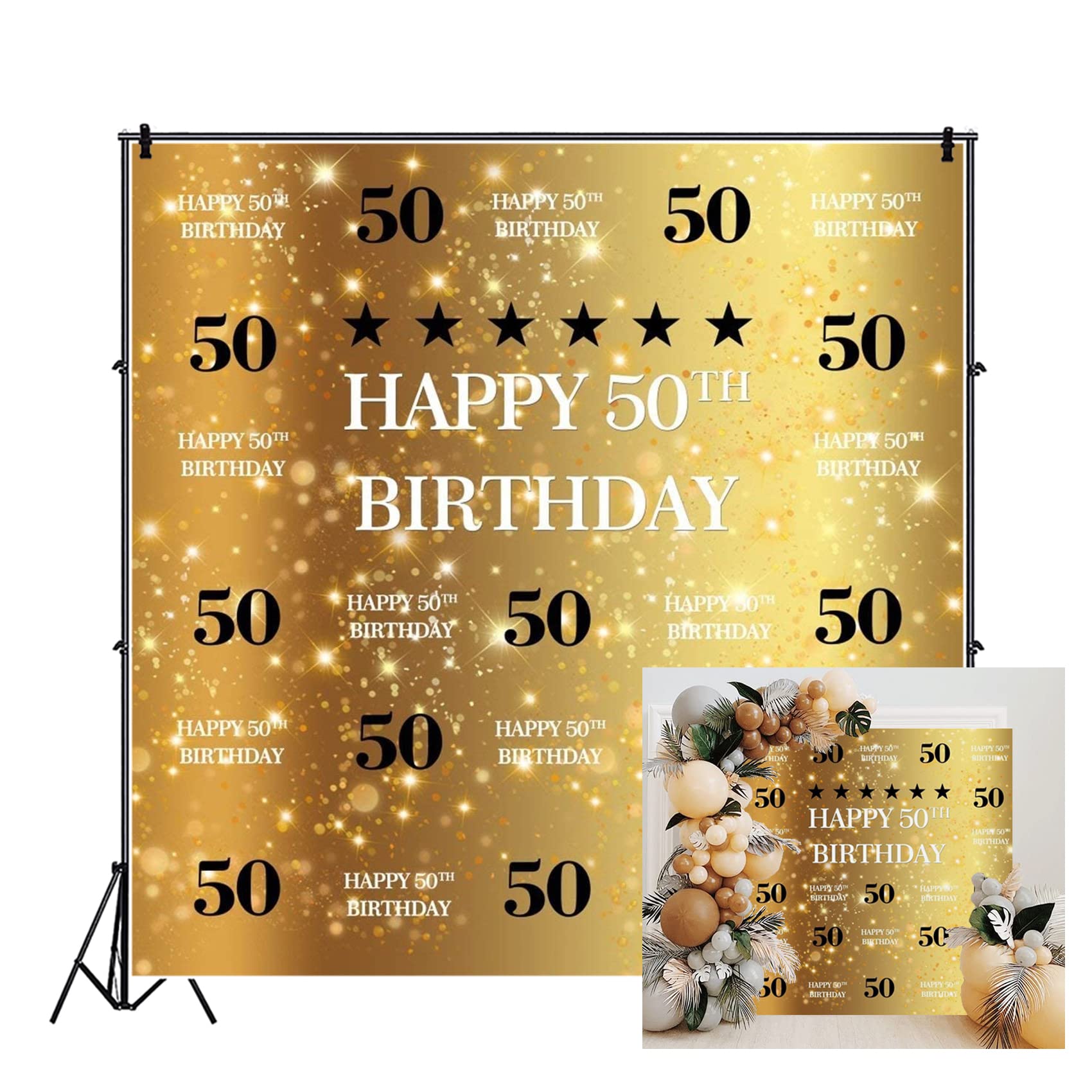 CSFOTO 8x8ft Happy 50th Backdrop Black and Gold Theme Birthday Party ...