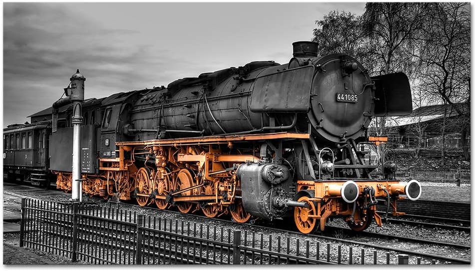 Derkymo Vintage Black and Orange Steam Train Locomotive Canvas Wall Art ...