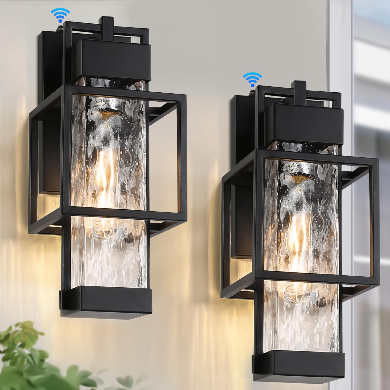 SHIMR Dusk to Dawn Outdoor Lighting 2 Pack, Outdoor Wall Sconce with Water Seeded Glass ...