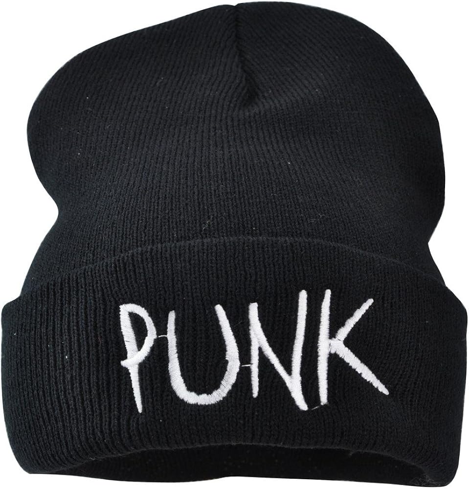 AC Black Knitted Punk Beanie Hat with White Embroidered Punk Design Ski ...