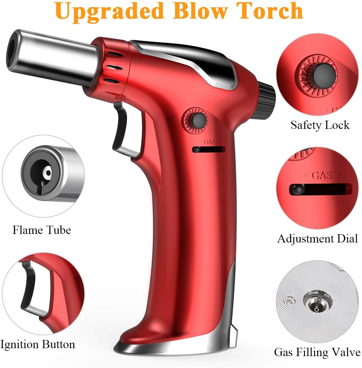 Blow Torch, Kitchen Torch Lighter with Safety Lock, Refillable Butane Gas Adjustable Flame ...