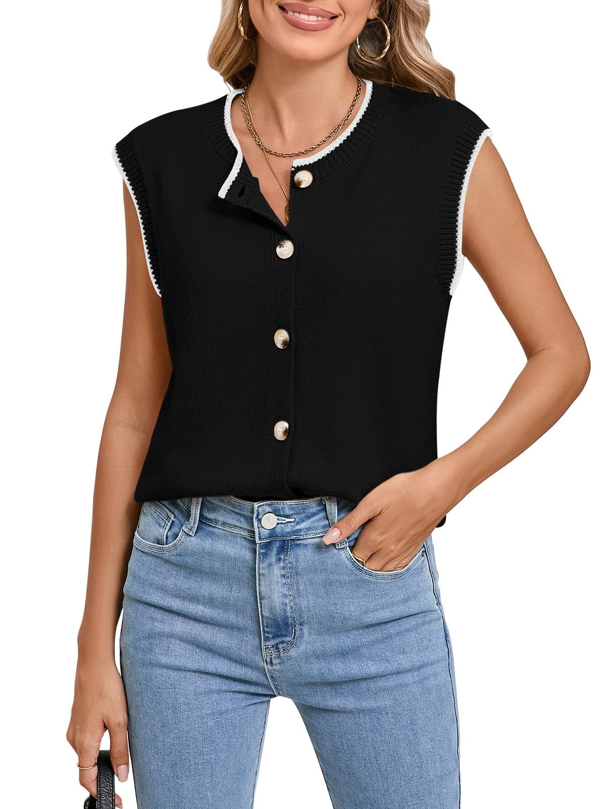 Pink Queen Women's Sweater Vest Button Up Front Crewneck Sleeveless ...
