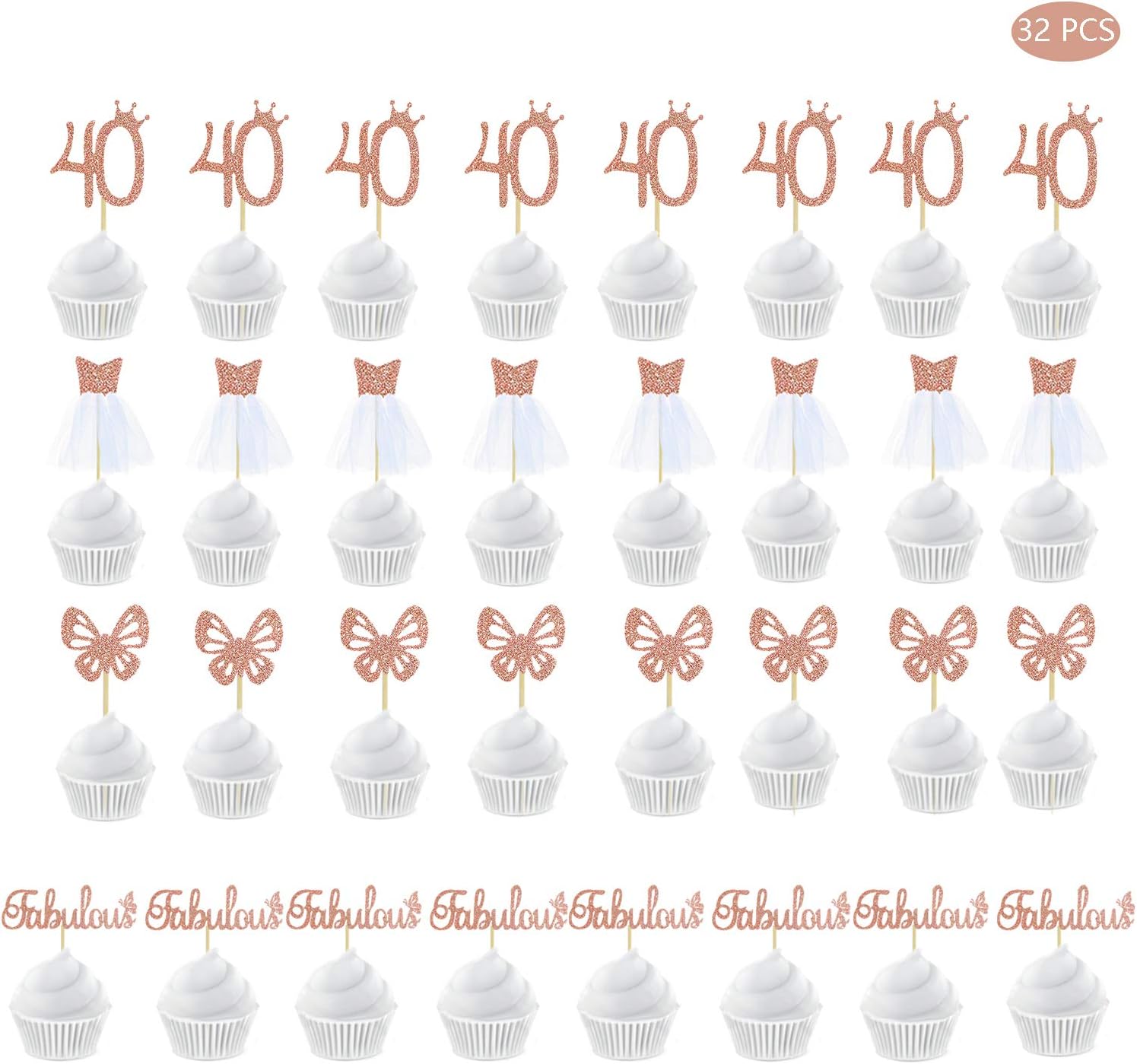 Pink Blume 32 Pieces 40 Fabulous Cupcake Toppers Rose Gold Glittery 40 ...