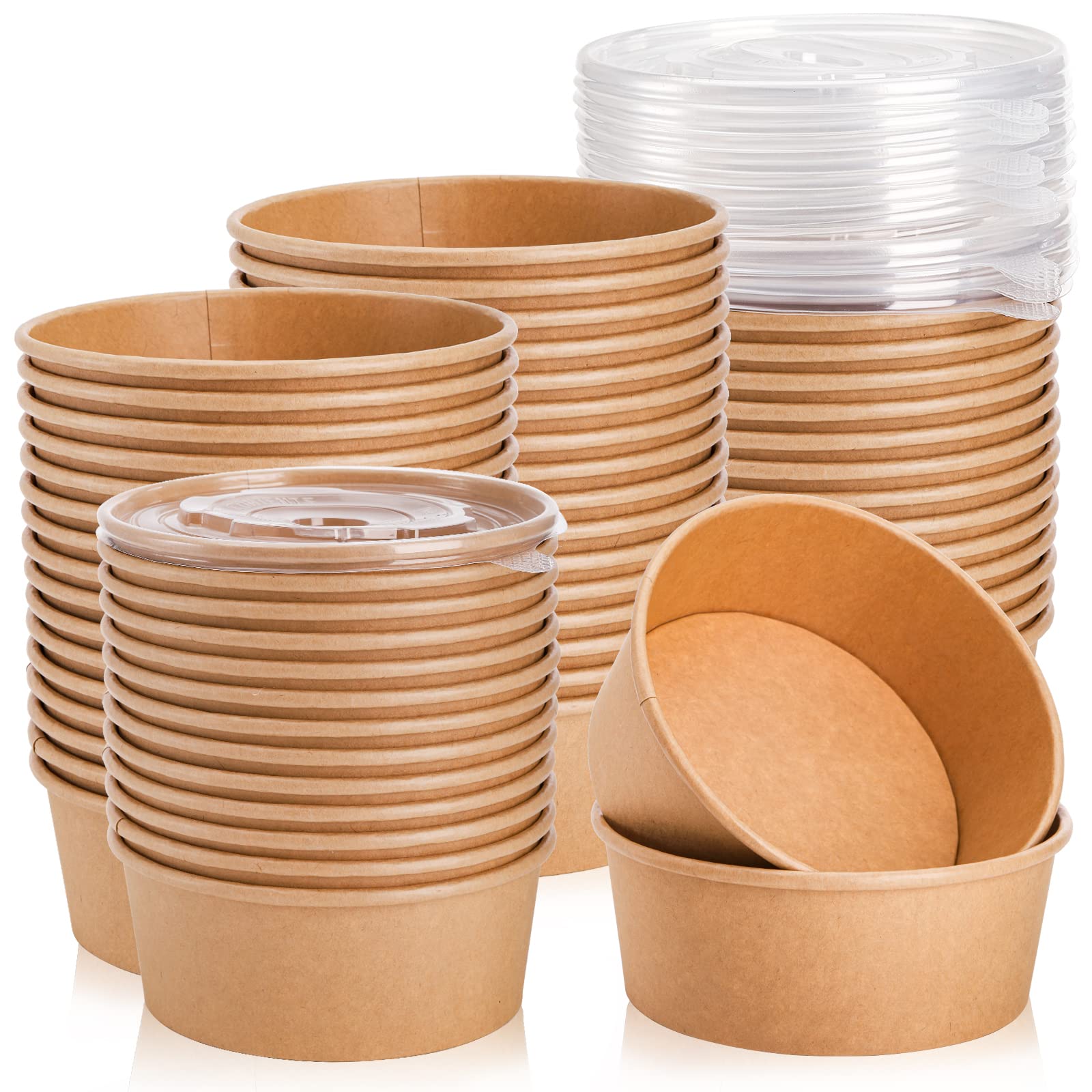 Lyellfe 50 Pack Kraft Paper Bowls with Lid, 25 Oz Disposable Soup Salad ...