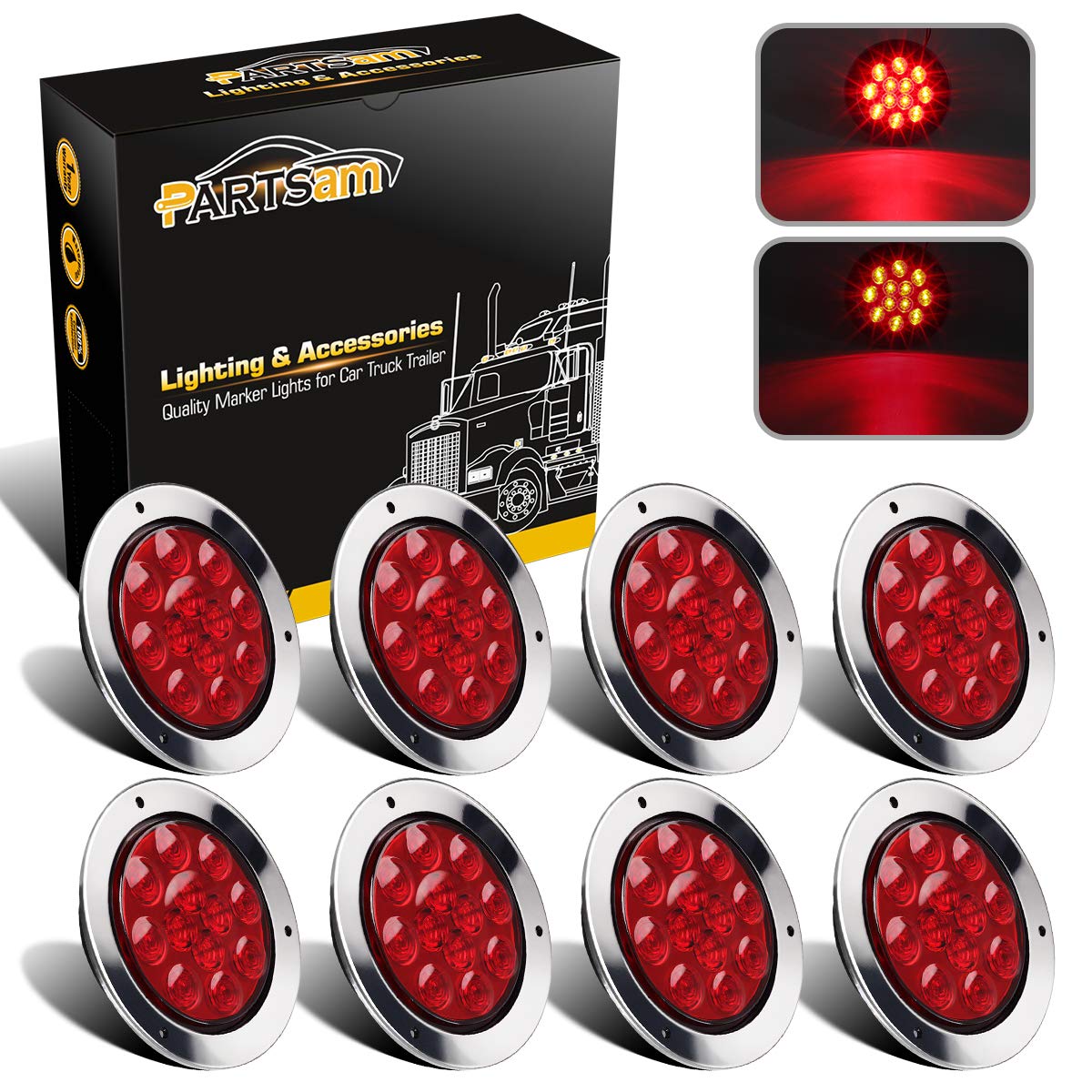 Partsam 8Pcs 4 Inch Round Led Stop Turn Tail Lights Red 12LED Flange ...