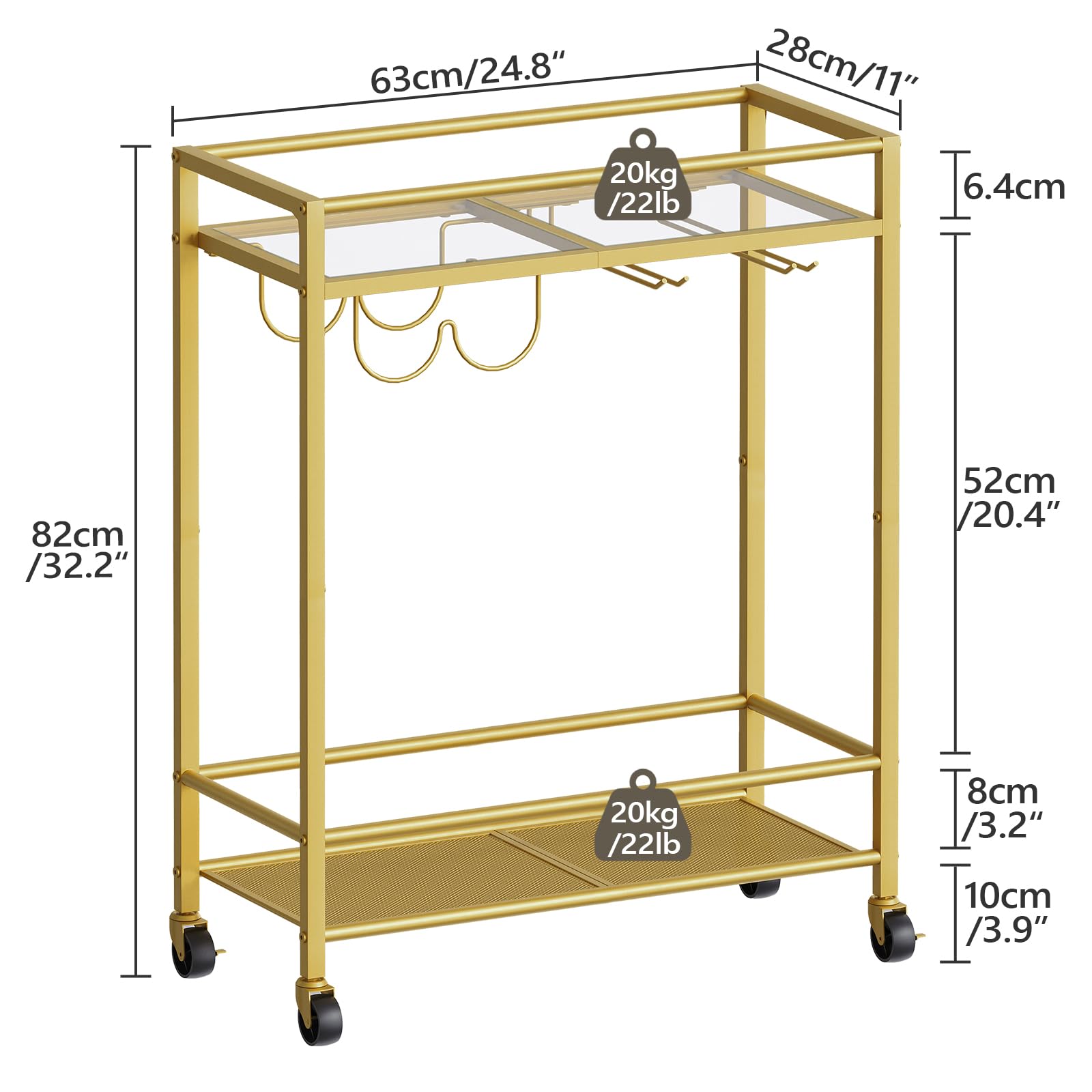 MAHANCRIS Gold Bar Cart, Beverage Cart With Wheels, Bar Cart For The Home, 2-Tier Drink Cart ...