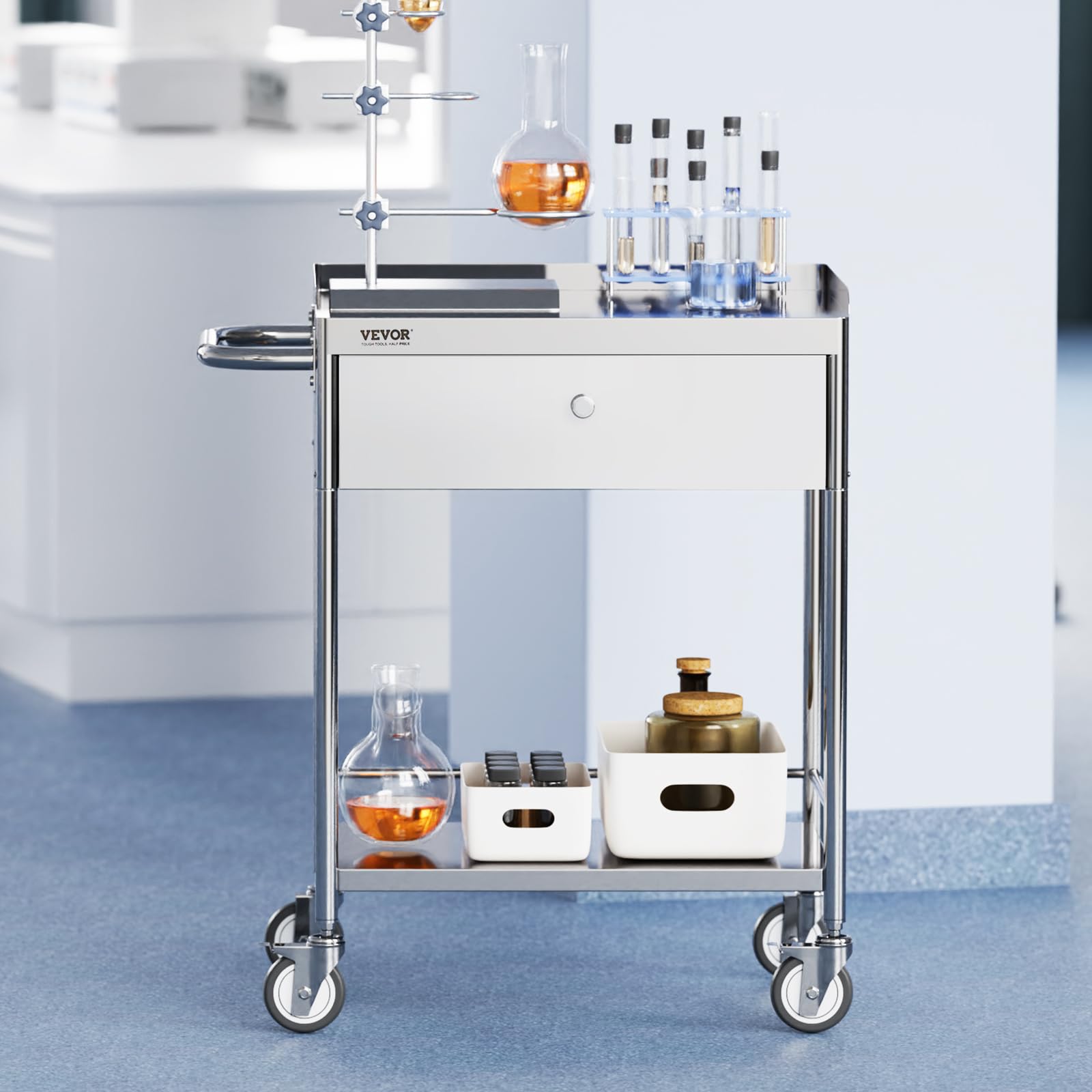 VEVOR Medical Trolley, Dual-Tier Stainless Steel Trolley With A 220 Lbs Load Limit, Equipped ...