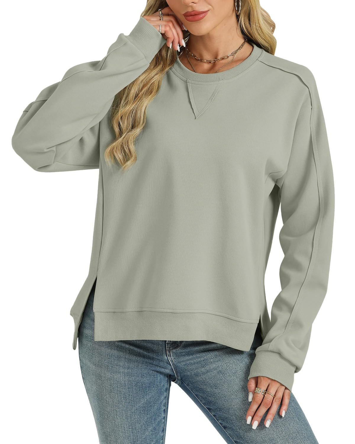Tanou Women's Reverse Seam Sweatshirts Casual Crew Neck Long Sleeve ...