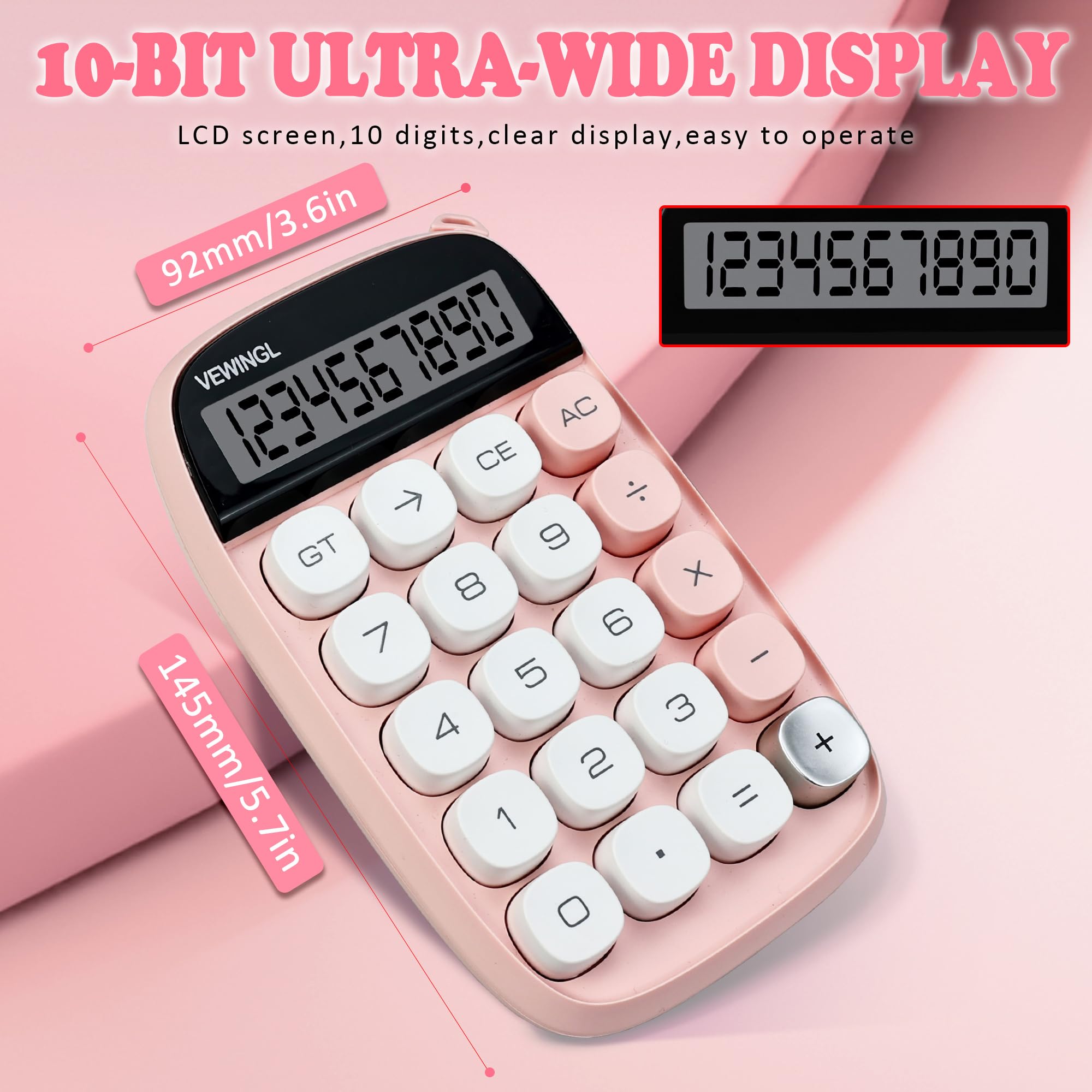 VEWINGL Calculator,Pink Calculator Cute 10 Digit Large LCD Display And ...
