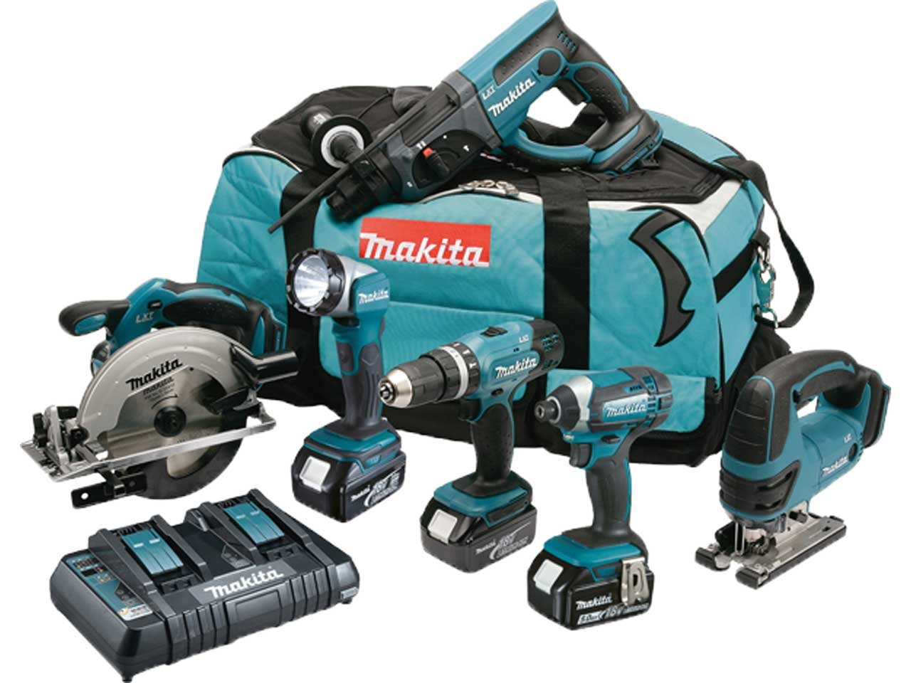 MAKITA Pack 6 Machines DLX6068PT Avec 3 Batteries 18V 5Ah Li ion Sac makita-pack-6-machines-dlx6068pt-avec-3-batteries-18v-5ah-li-ion-sac