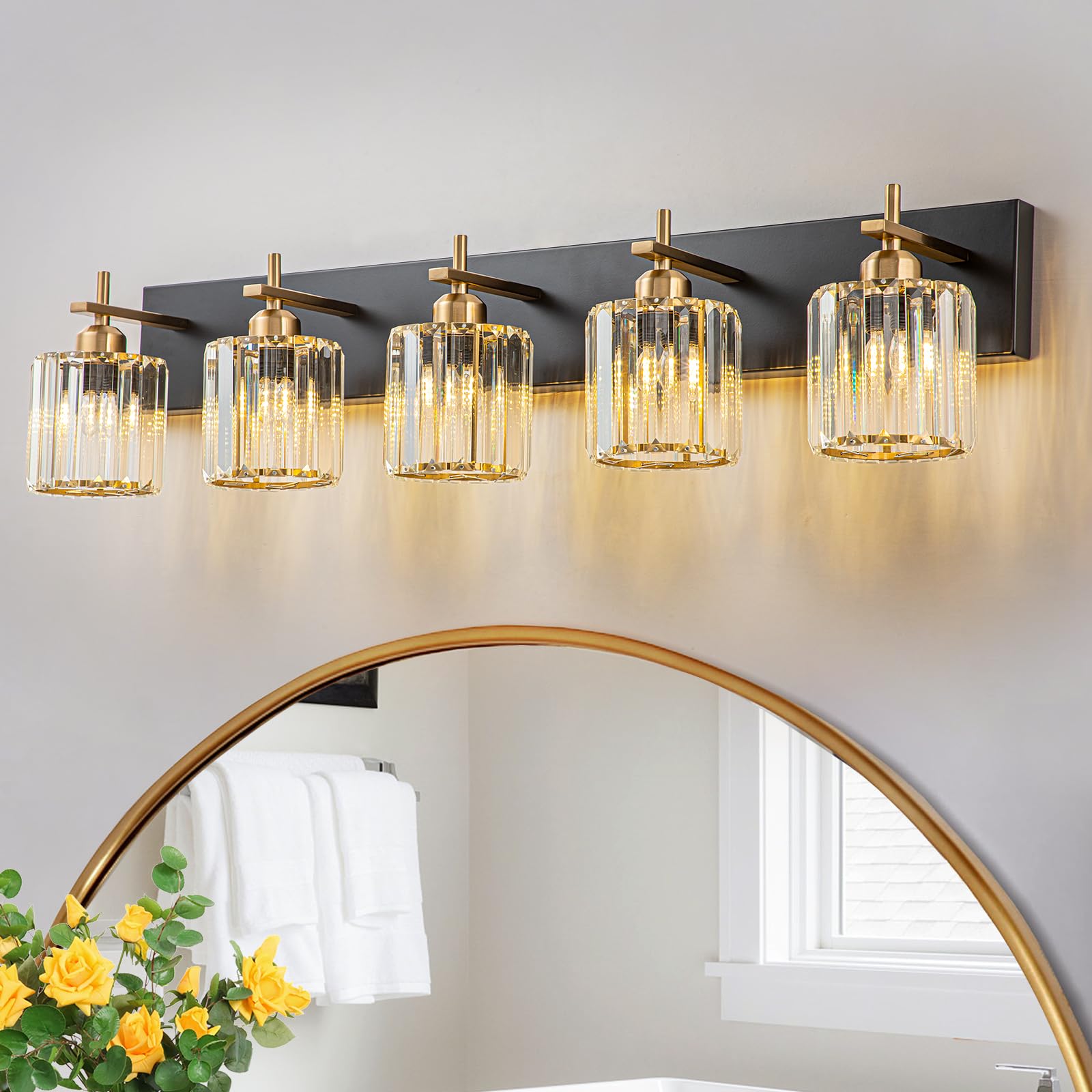 HUOKU Modern Crystal Bathroom Vanity Lights, Black Gold 5-Lights ...
