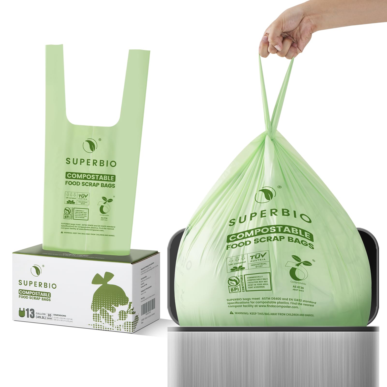 SUPERBIO 13 Gallon Compostable Kitchen Waste Bags with Handles, Food ...