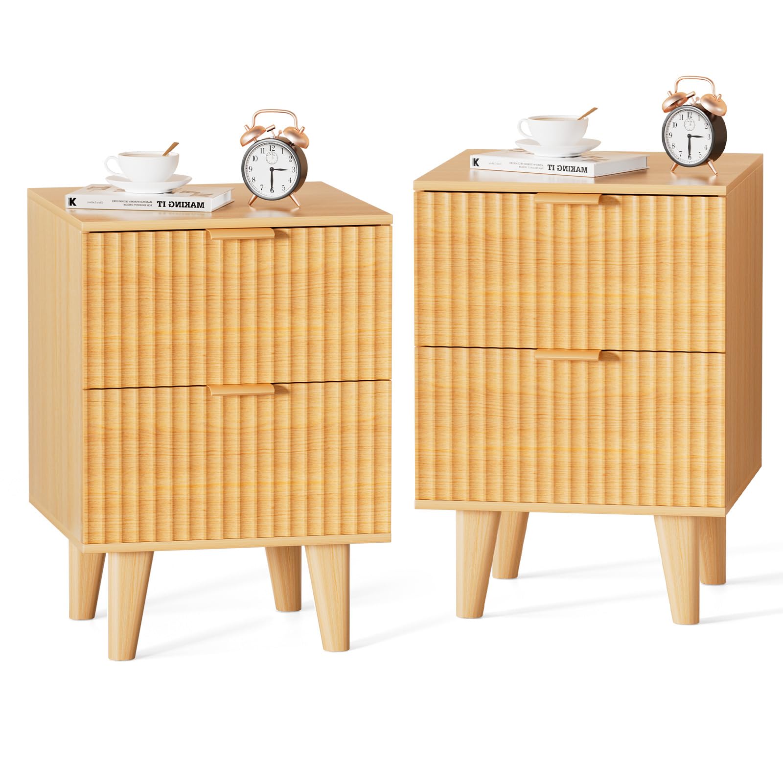Urban Deco Fluted Nightstands Set 2, Mid Century Modern Nightstand ...