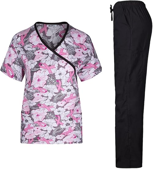 Amazon.com: MedPro Women's Medical Scrub Set with Printed Wrap Top and ...