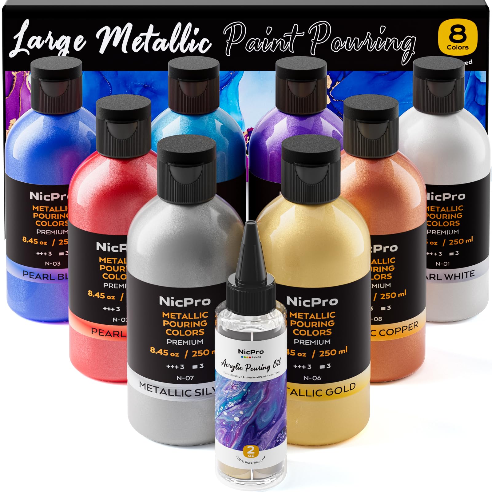 Nicpro 8 Colors 8.45oz Metallic Acrylic Pour Paint Supplies Kit, Large ...