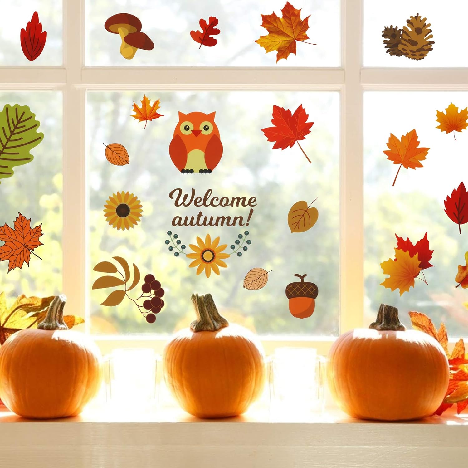 LANMOK Autumn Window Decal 6 sheets Thanksgiving Fall Leaves Cling ...