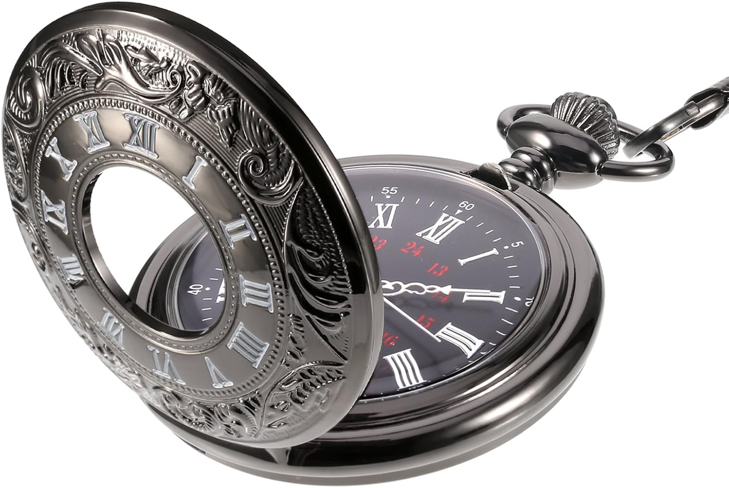 Steampunk Classic Roman Numerals Black Pocket Watch with Chain – BigaMart