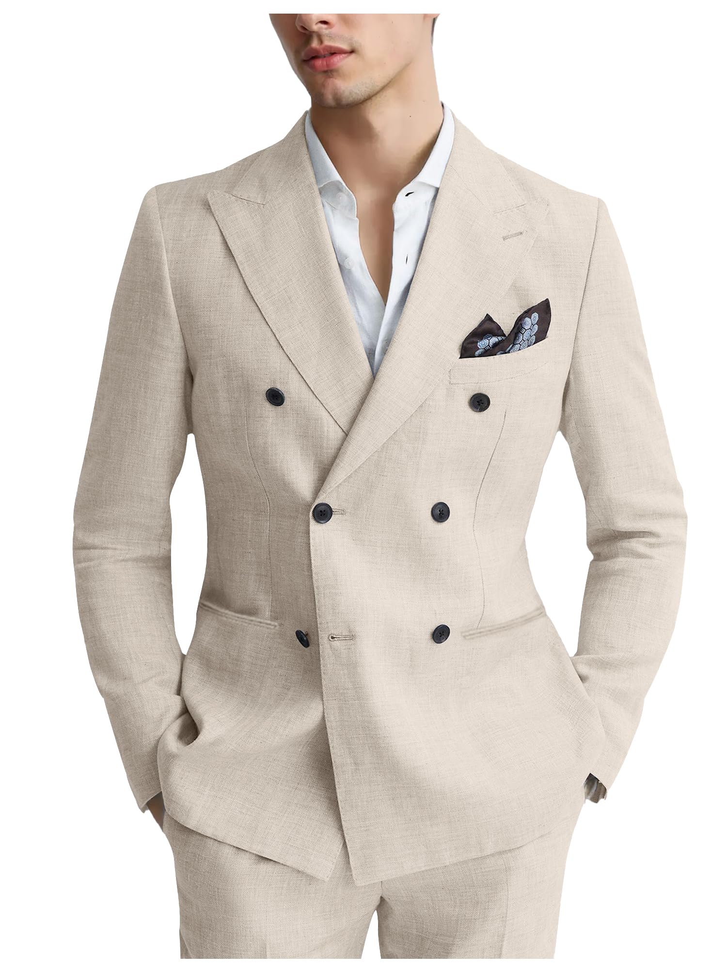 Men's Suits 2 Piece Linen Suit Set Slim Fit Casual Suits for Men Beige ...