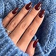 Amazon.com: Dark Red Press on Nails Short Almond Oval Glossy Fake Nails ...