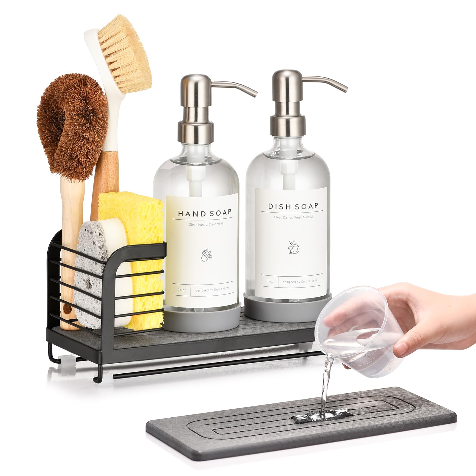 Kitchen Soap Dispenser Set with Drying Tray – 16oz Glass Bottles with ...