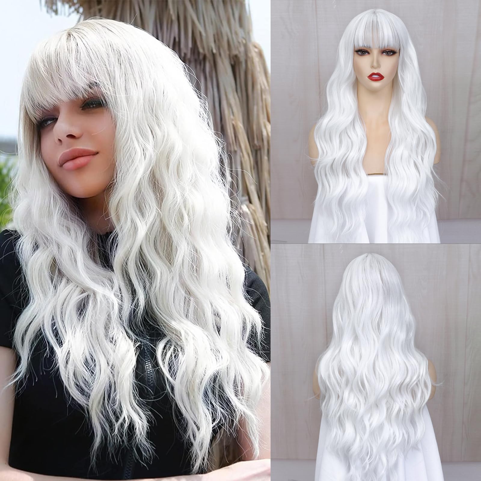 Angzon White Wig With Bangs Long Curly Wavy White Wigs for Women 26 ...
