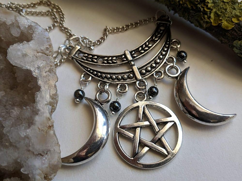 Pagan Pentagram Necklace, Hematite Pagan Jewellery, Triple Moon ...