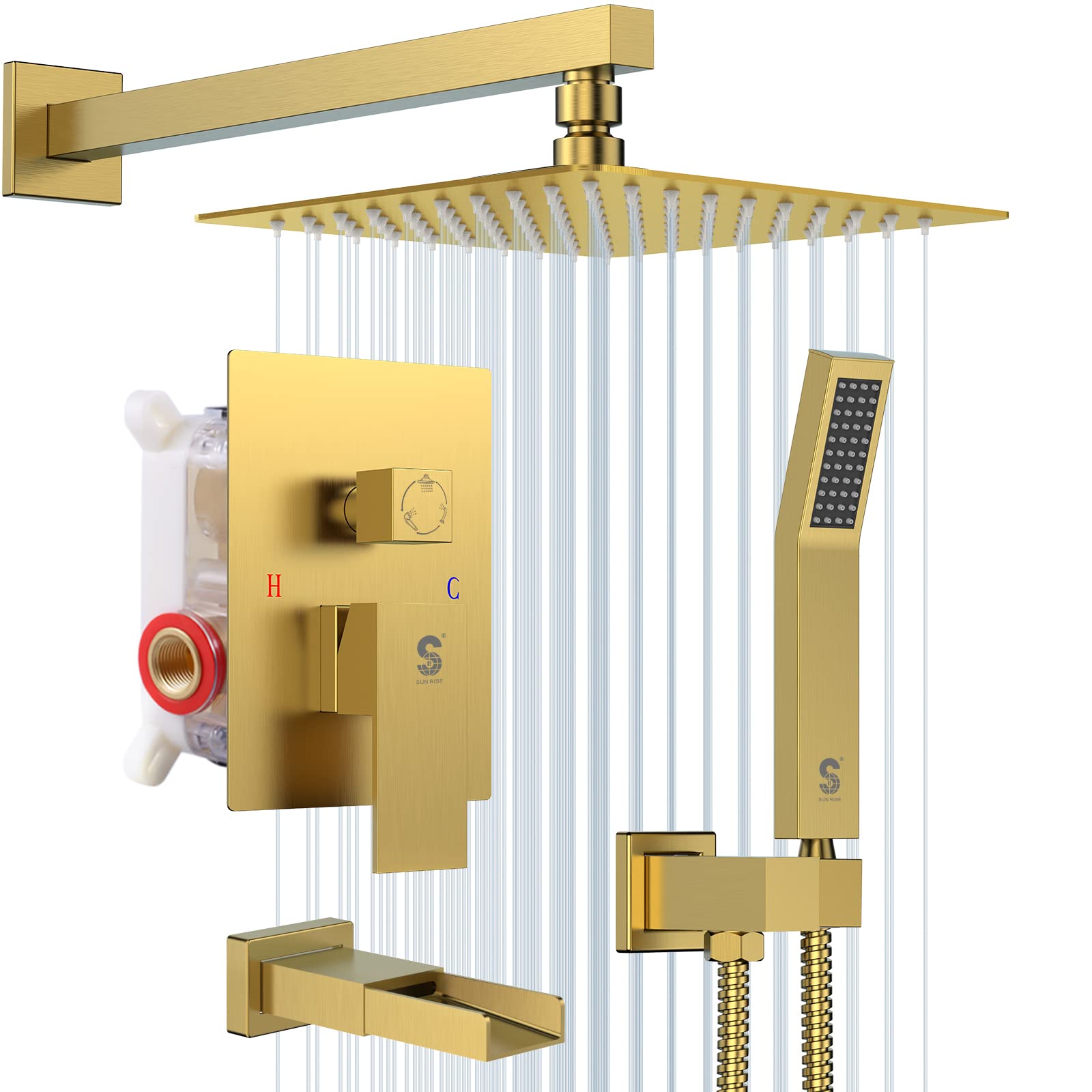 SR SUN RISE 8 Inches All Metal Square Shower System with Tub Spout, Tub ...