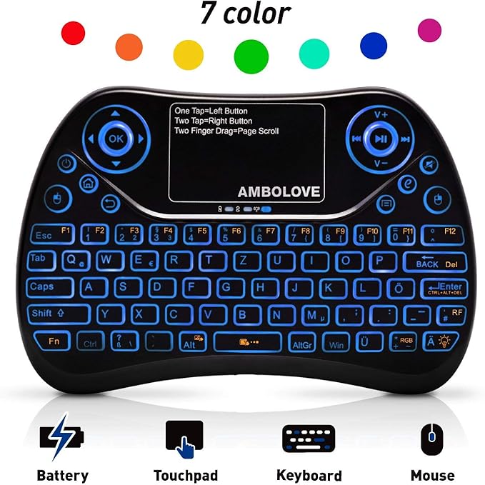 AMBOLOVE 2.4GHz Mini Wireless Keyboard with Touch Pad Mouse Combo Black QWERTY Layout KODI XBMC ...
