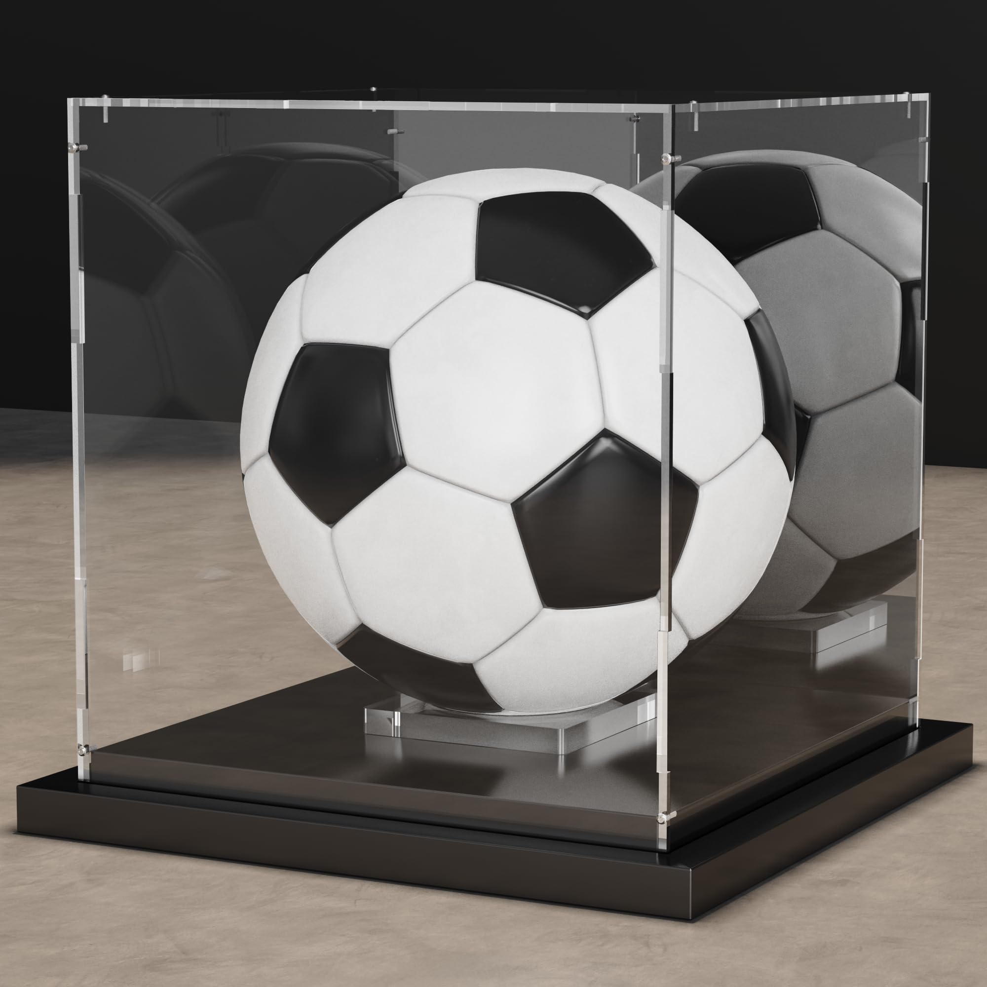 Putros Soccer Ball Display Case with Mirror and Black Metal Grooved ...