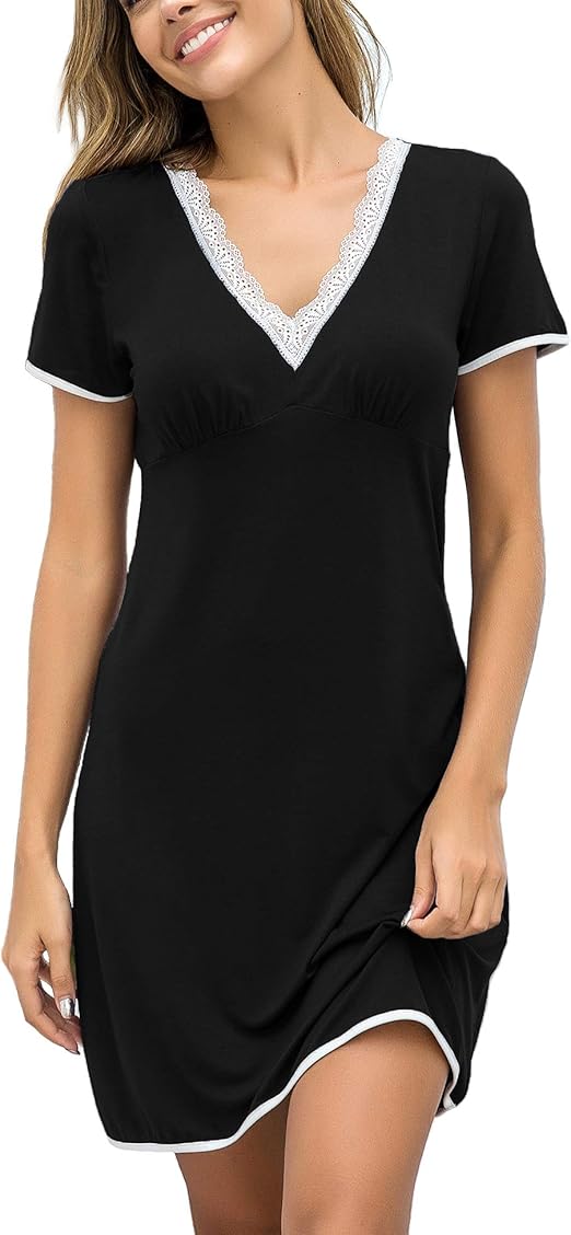 Ekouaer Night Shirts Women Nightgowns Sexy Sleep Shirts Lace Trim V ...