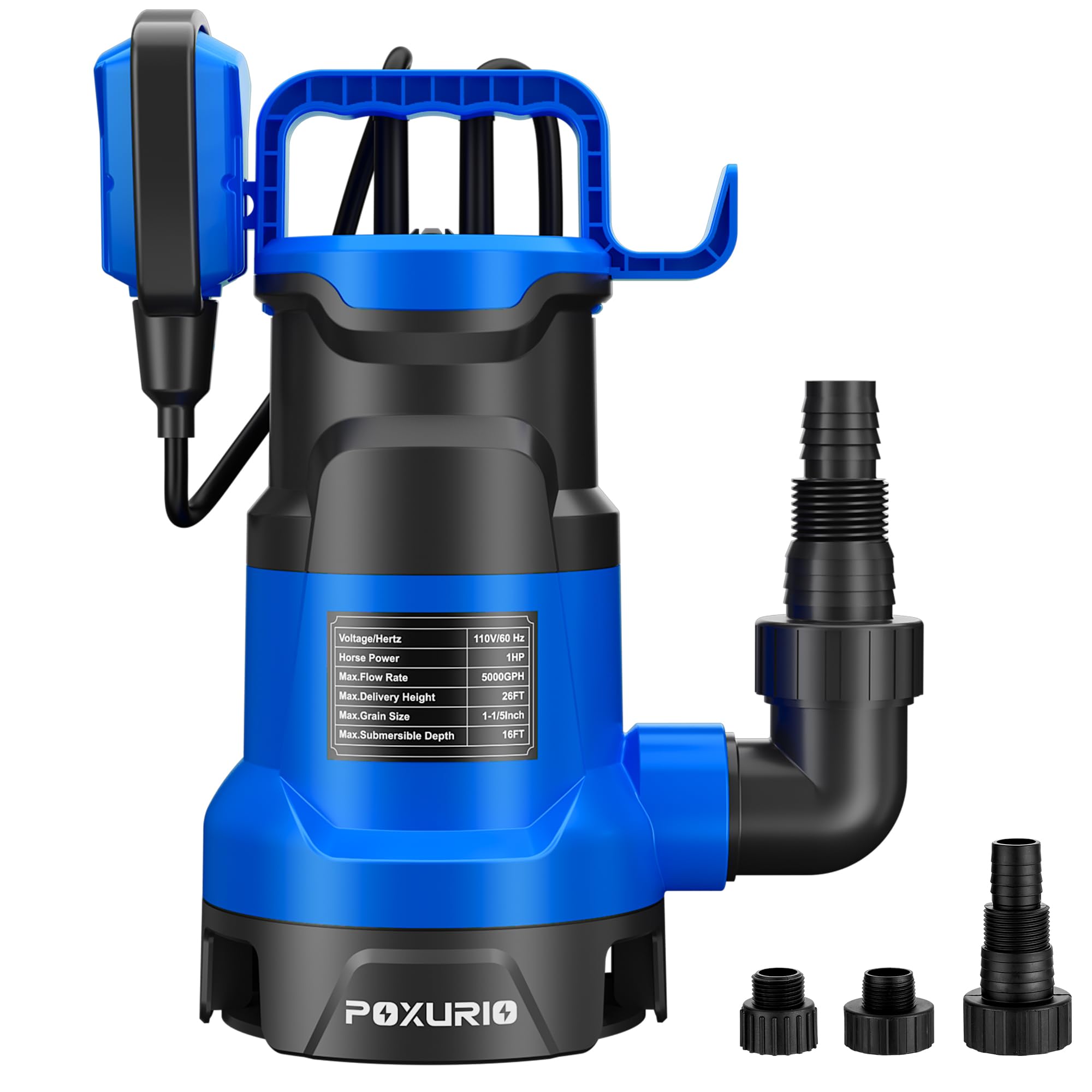 POXURIO 1HP Sump Pump, 5000GPH Automatic Basement Sump Pump with Float ...