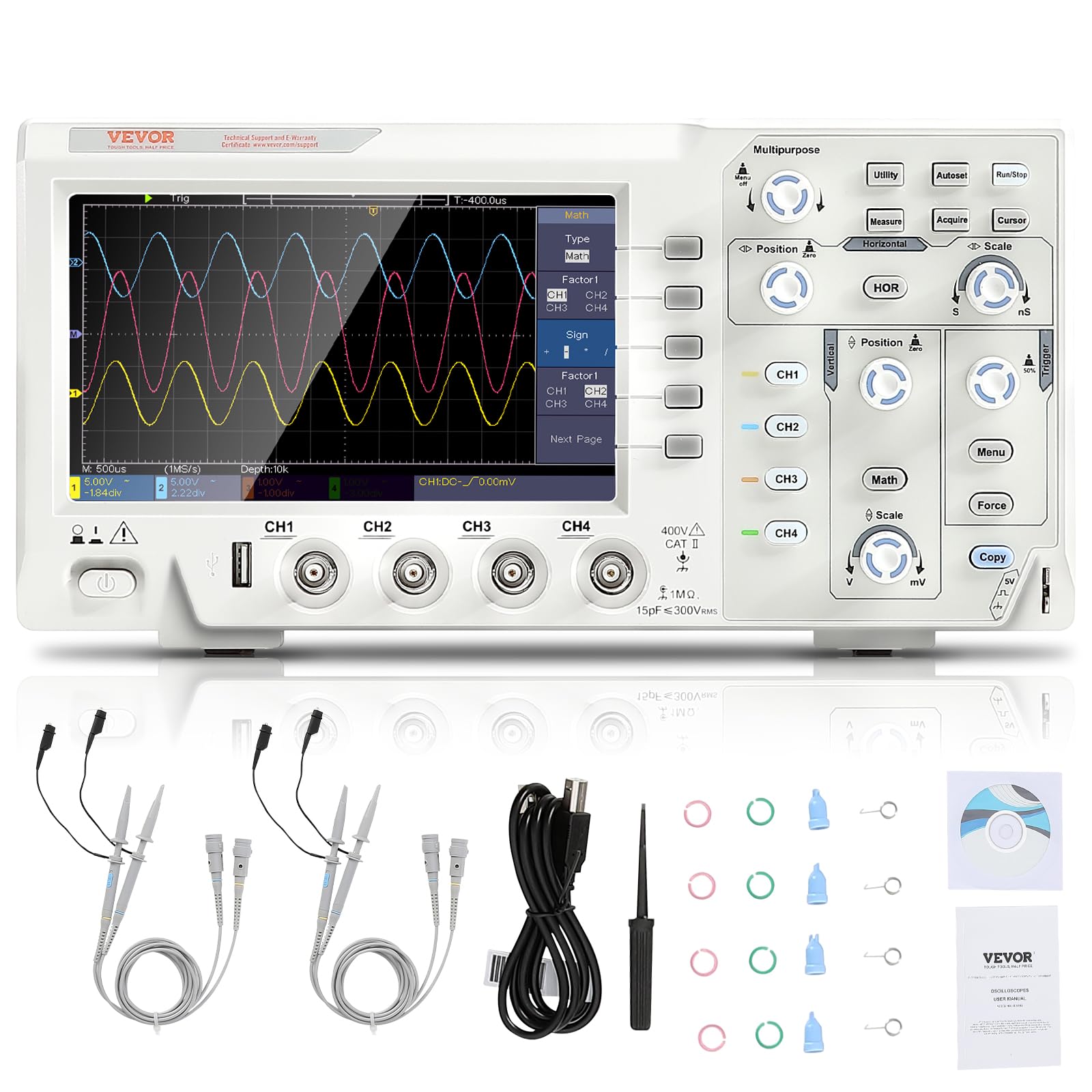 VEVOR Oscilloscope, 2 in 1 Digital Oscilloscope, 4 Channels 7-inch ...