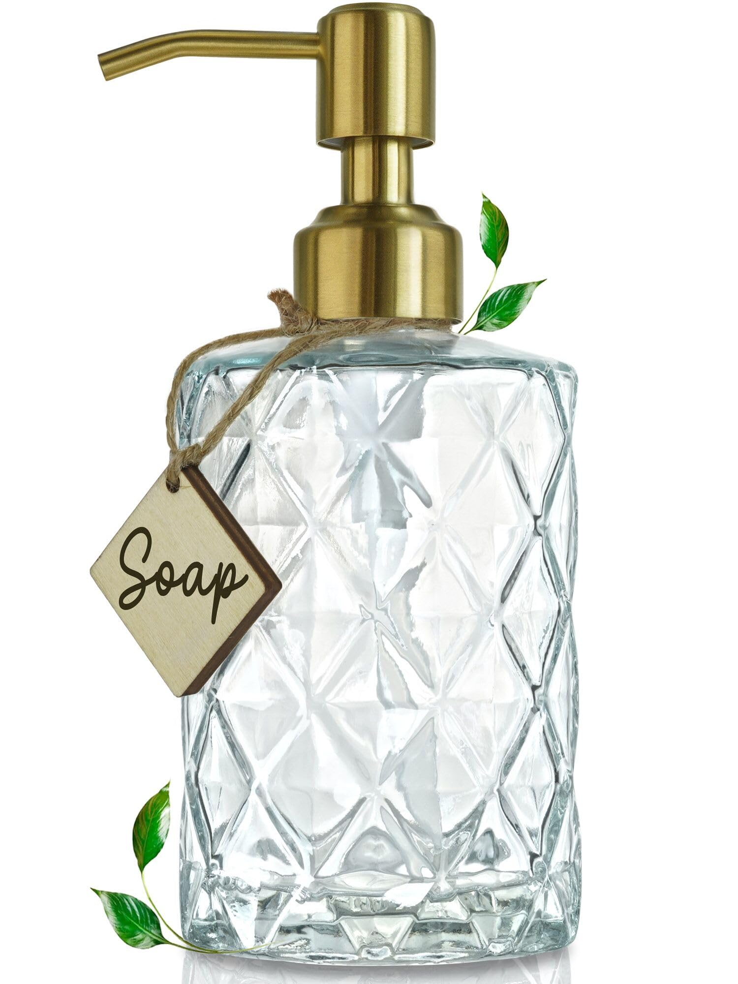 JASAI Diamond Design Glass Soap Dispenser with Golden Pump, Refillable ...