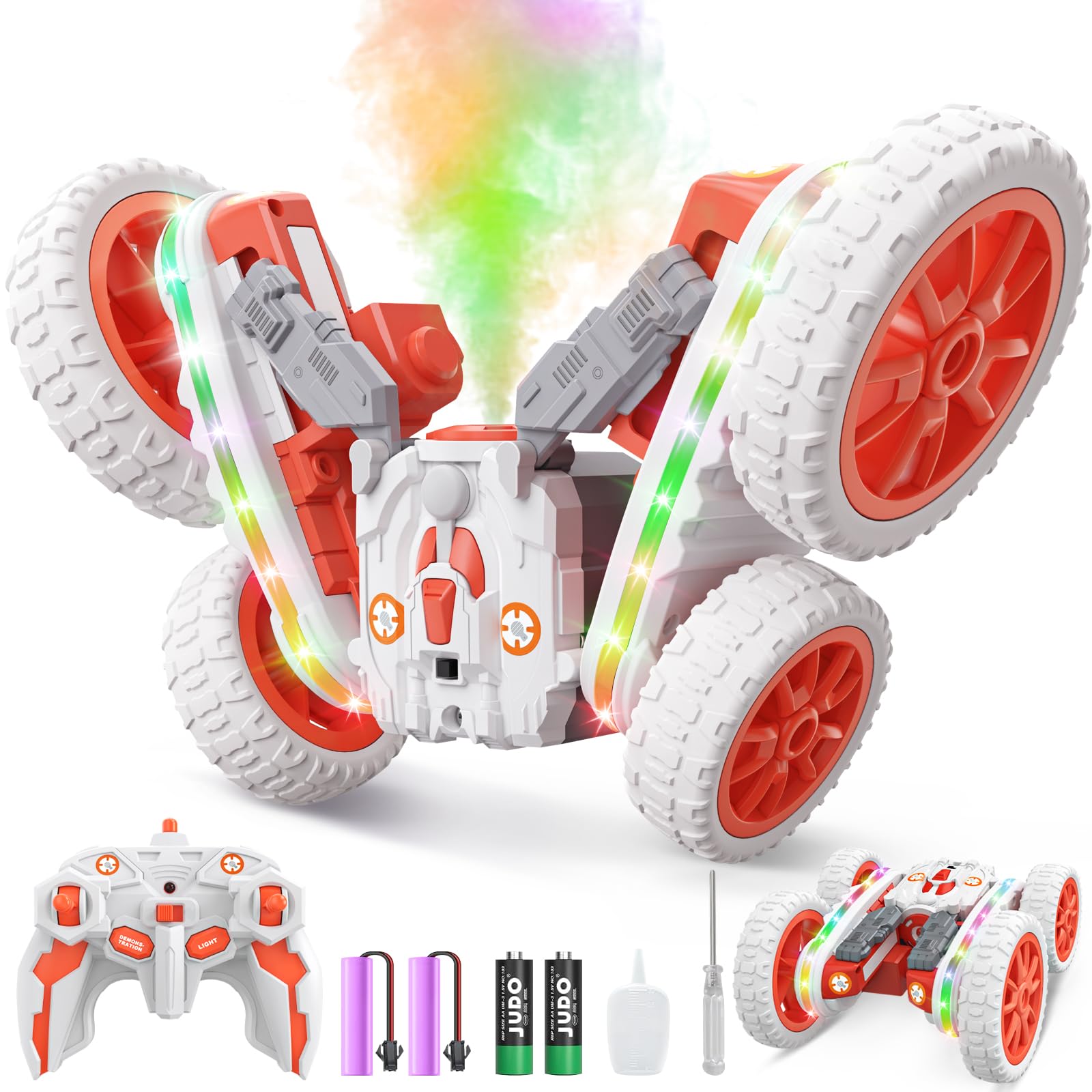 Remote Control Car,RC Cars with Sides Light and Headlights,360°Rotating 4WD Spray RC Stunt Car,2 ...